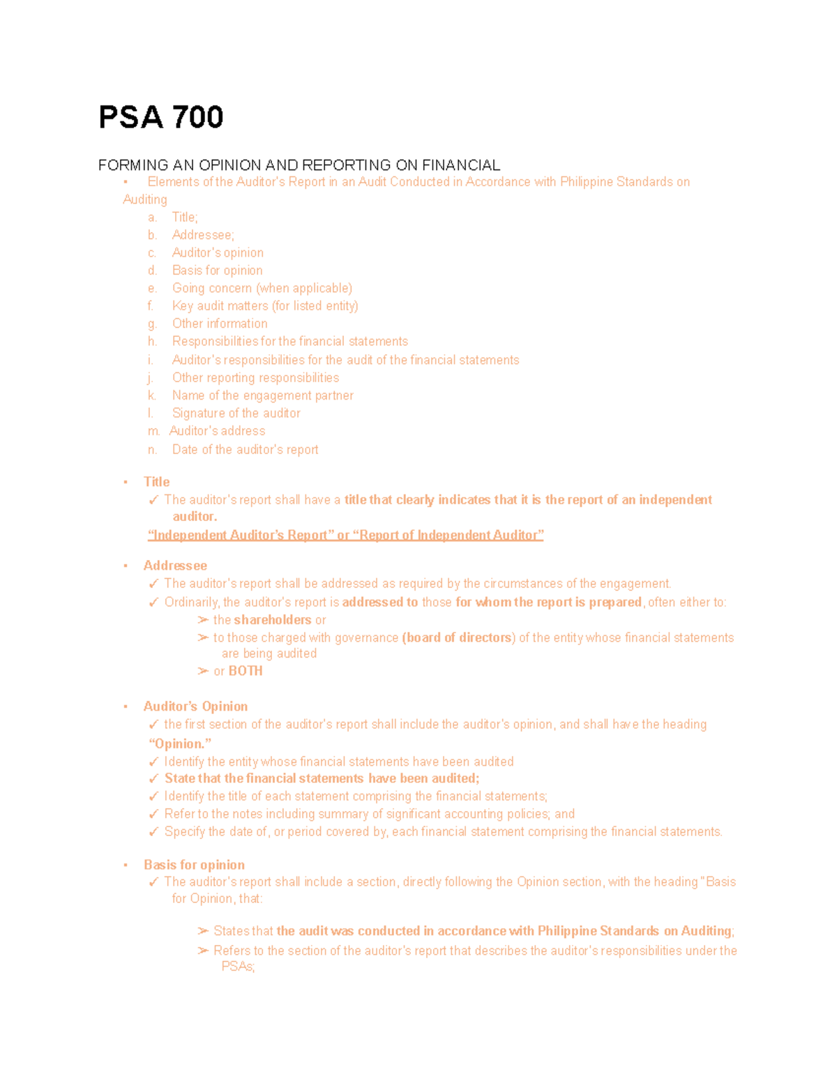 PSA 700 2 - AUDIT - PSA 700 FORMING AN OPINION AND REPORTING ON FINANCIAL Elements of the ...
