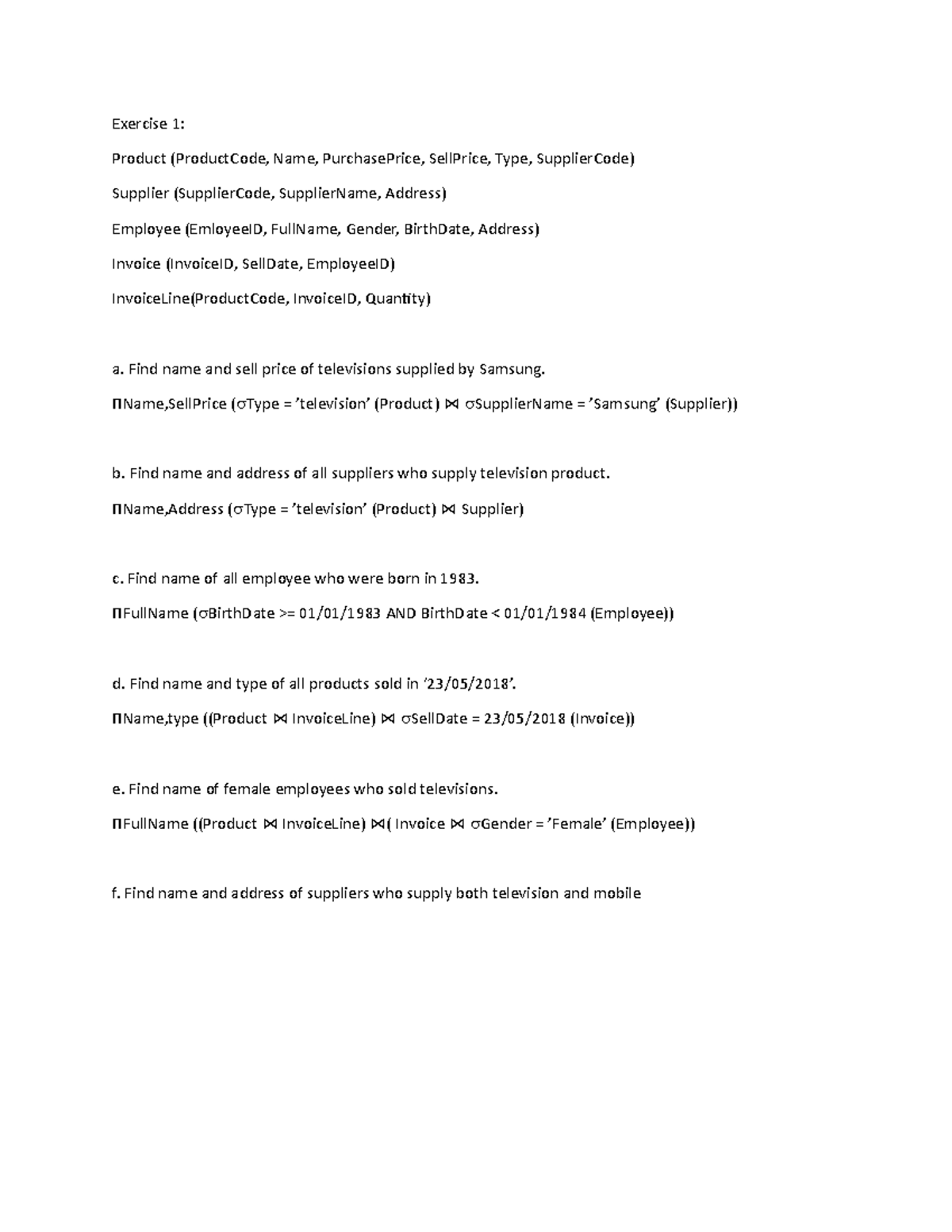 New Microsoft Word Document - Exercise 1: Product (ProductCode, Name ...