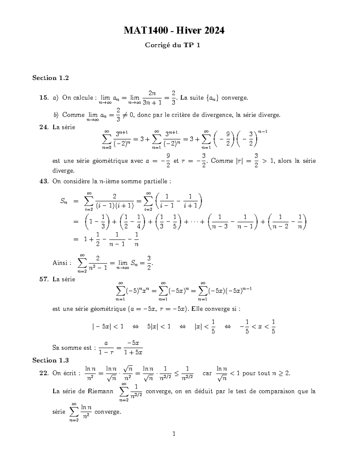 tp number 1 solved - MAT1400 - Hiver 2023 Corrig ́e du TP 1 Section 1. a) On calcule : lim n→∞ ...