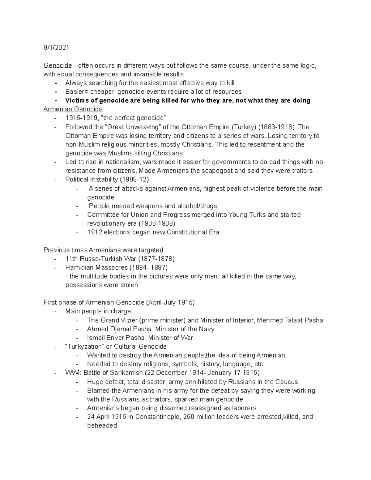 Notes for HGPS201 - 9/1/ Genocide - often occurs in different ways but ...