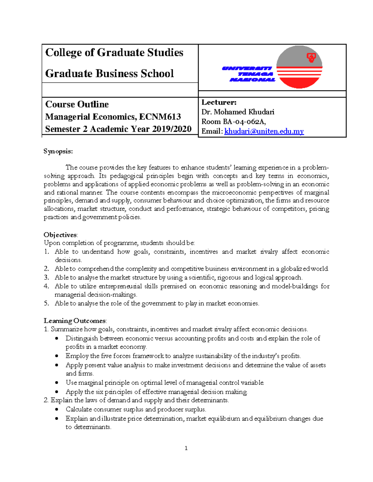 Course Outline - College of Graduate Studies Graduate Business School ...