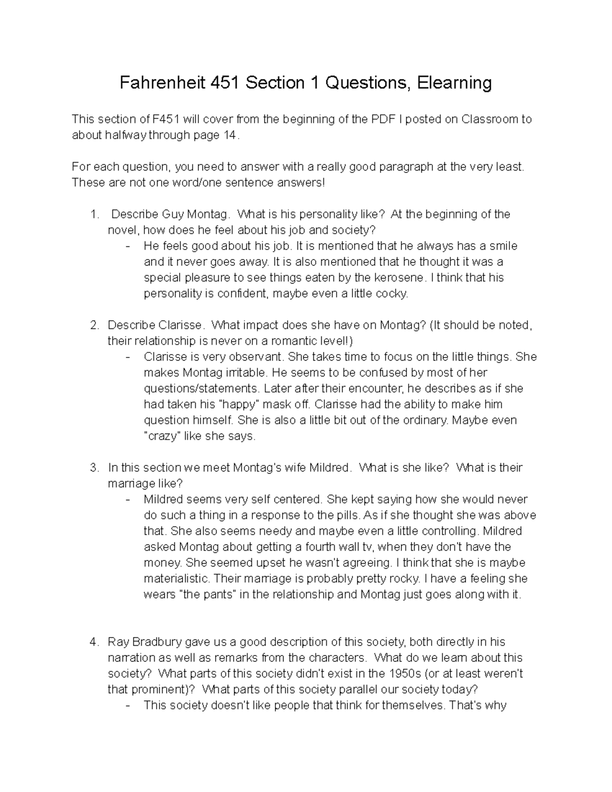 Fahrenheit 451 Section 1 Questions, Elearning - Fahrenheit 451 Section ...