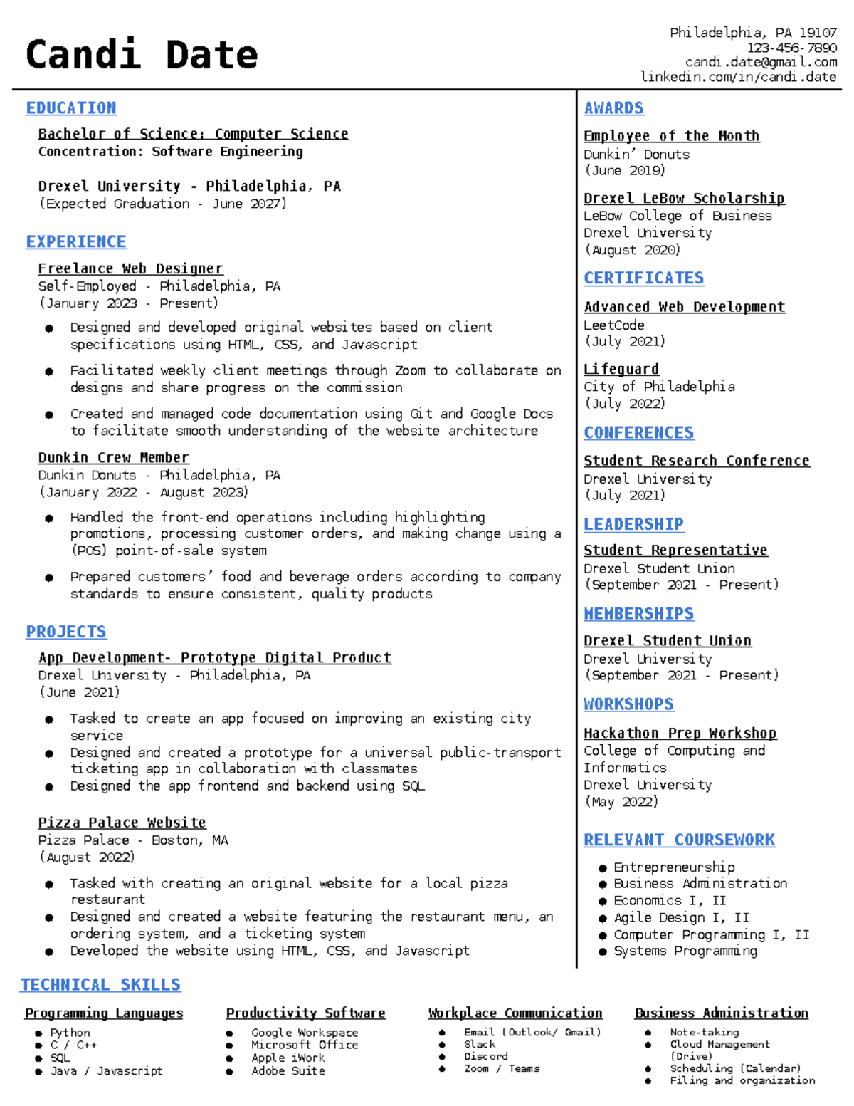 Class Copy of Exemplar Resume - Candi Date Philadelphia, PA 19107 123 ...