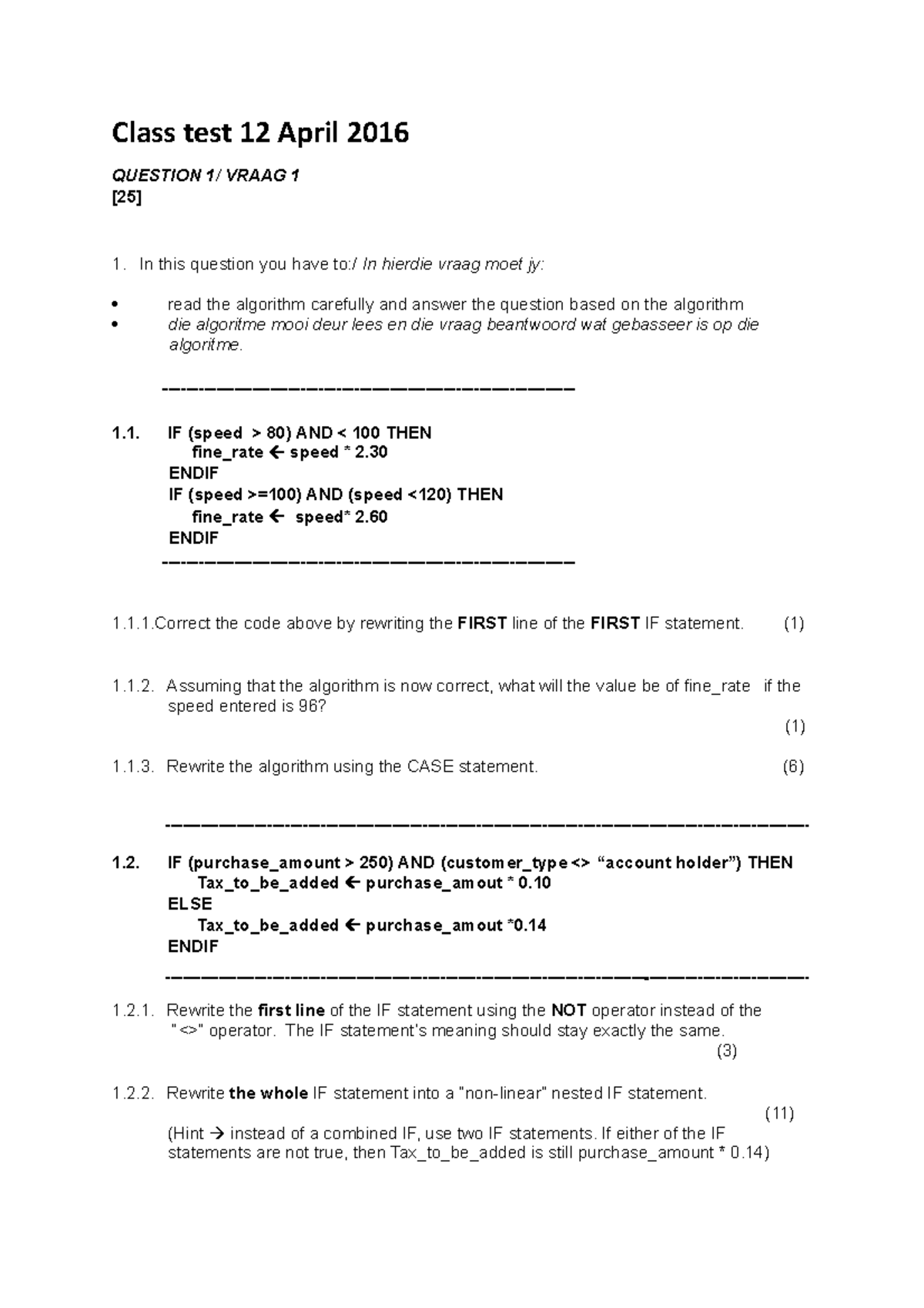 Class test 12 April 2016 Memo - Class test 12 April 2016 QUESTION 1 ...