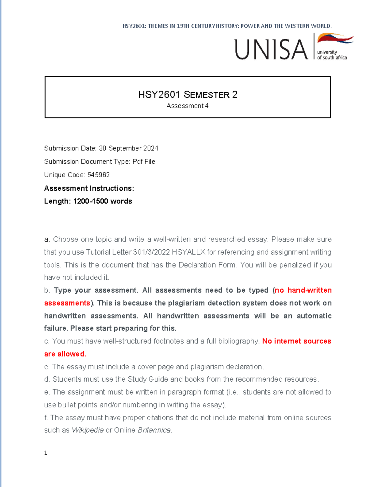 HSY2601 Assessment 4 S2 2024 - Submission Date: 30 September 2024 ...