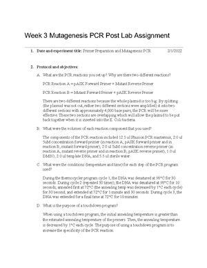 W5 Transformation Postlab - W5 E. coli Transformation Post Lab Assignment 1. Date and experiment ...