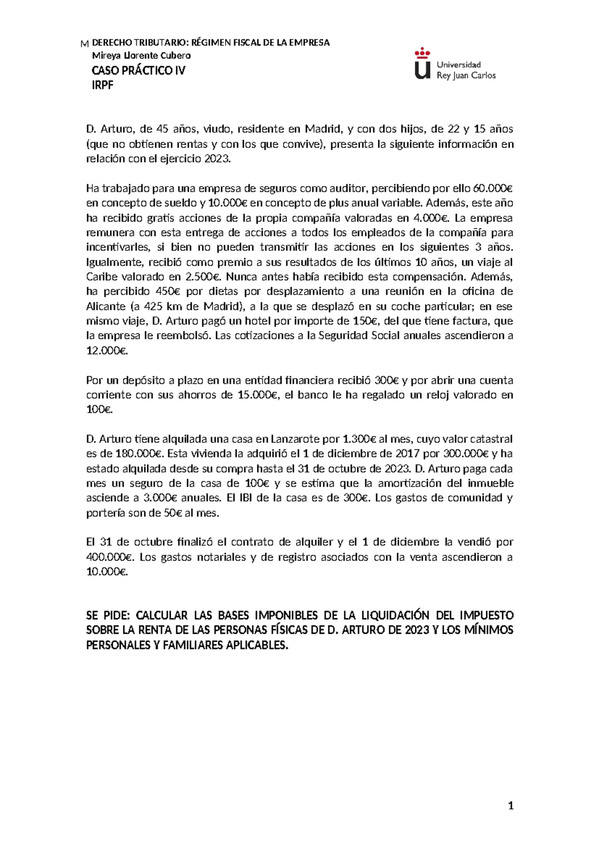 Caso Práctico Iv Irpf Practica Examn Derecho Tributario RÉgimen