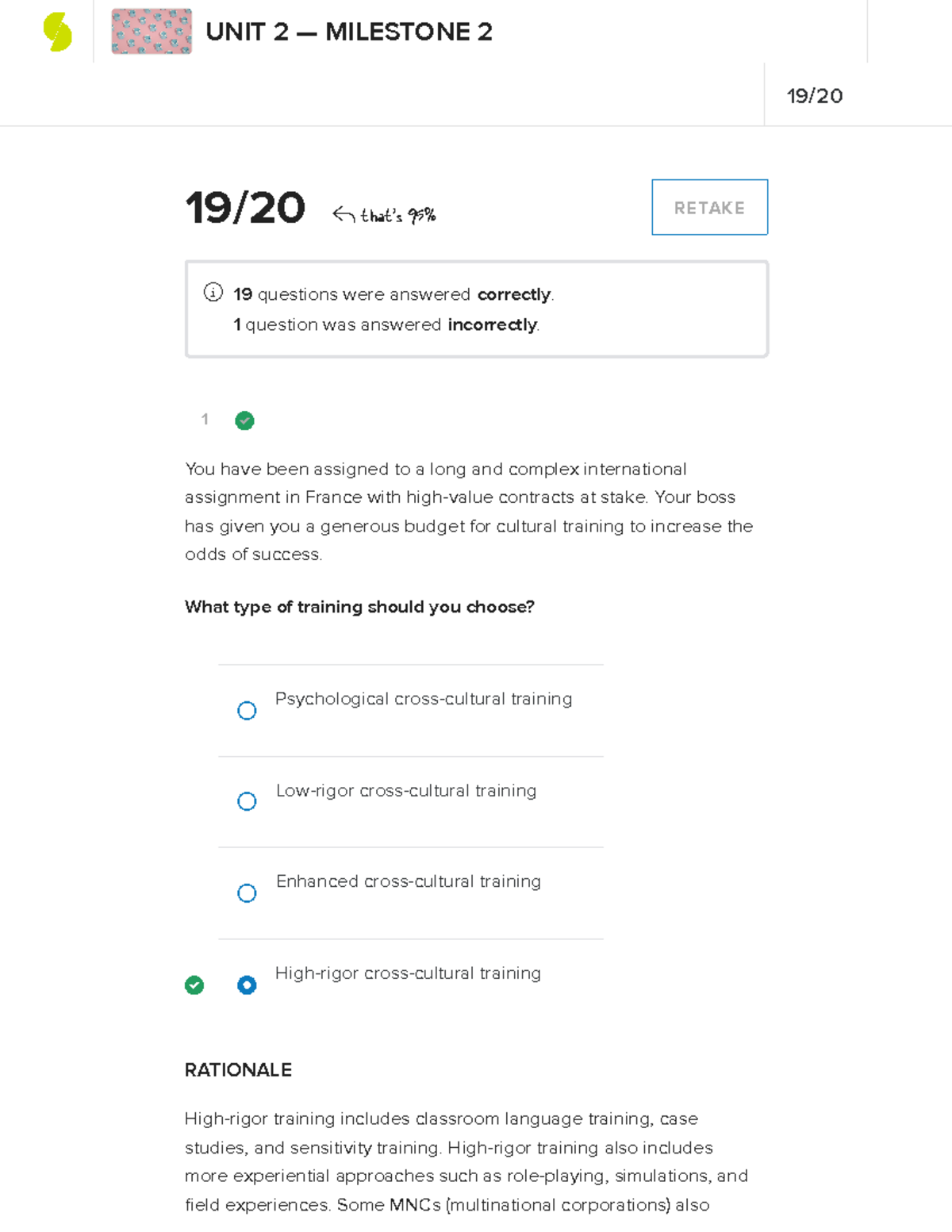 Principles of Management Milestone 2 - 1 19 / 20 that's 95% RETAKE 19 ...