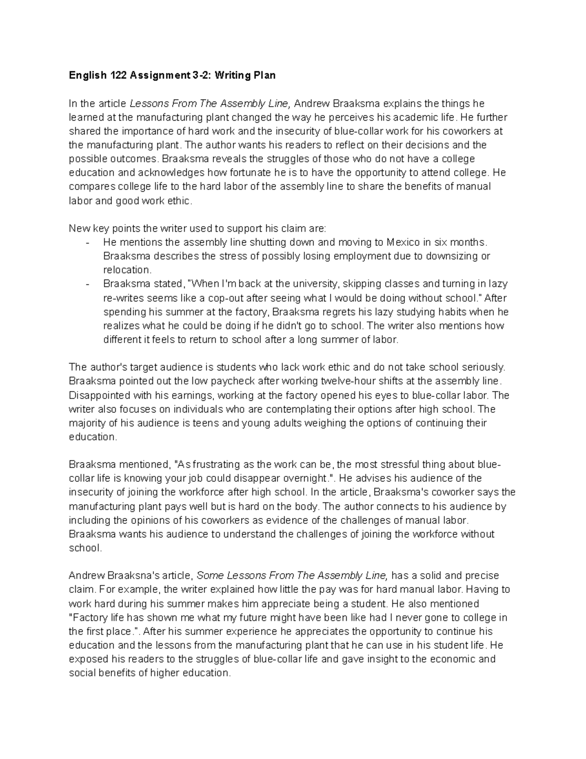 English 122 Assignment 3-2- Writing Plan - He further shared the ...