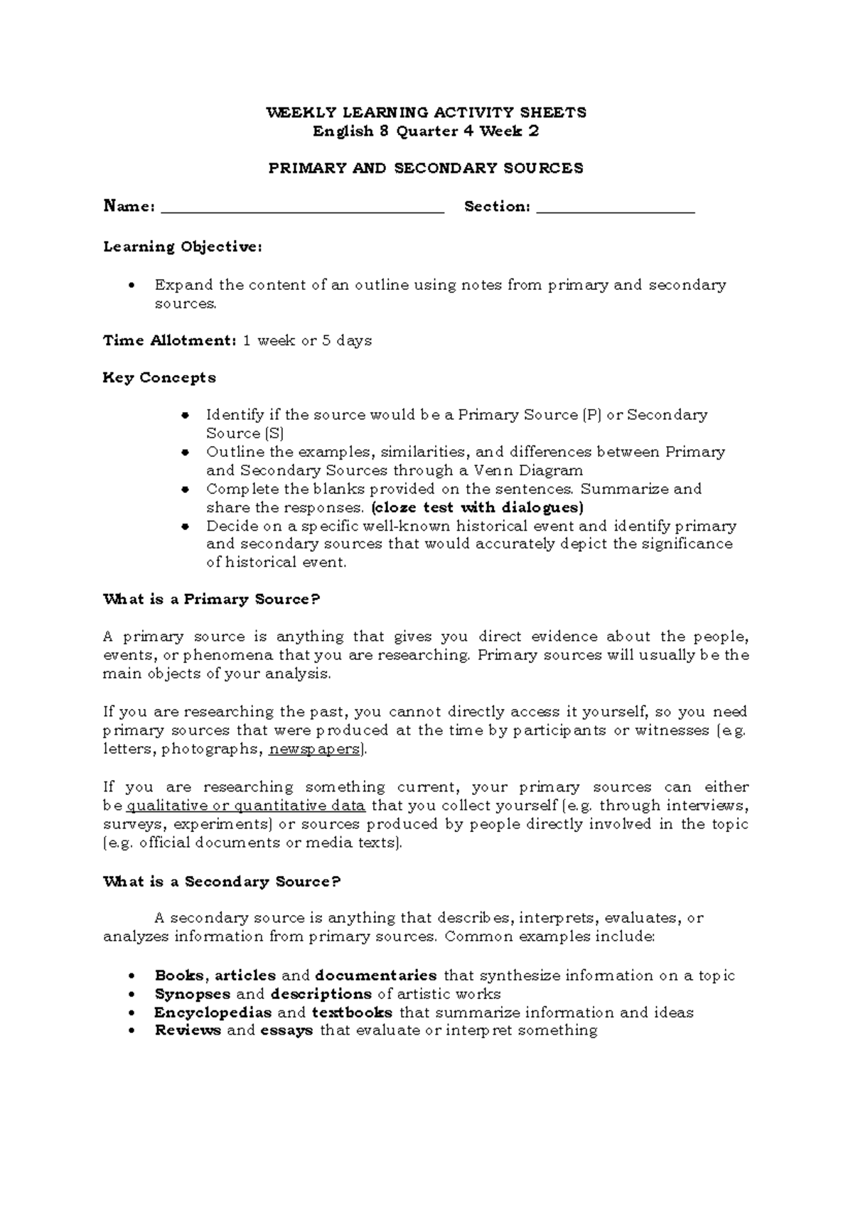 Pdfcoffee - WEEKLY LEARNING ACTIVITY SHEETS English 8 Quarter 4 Week 2 PRIMARY AND SECONDARY ...