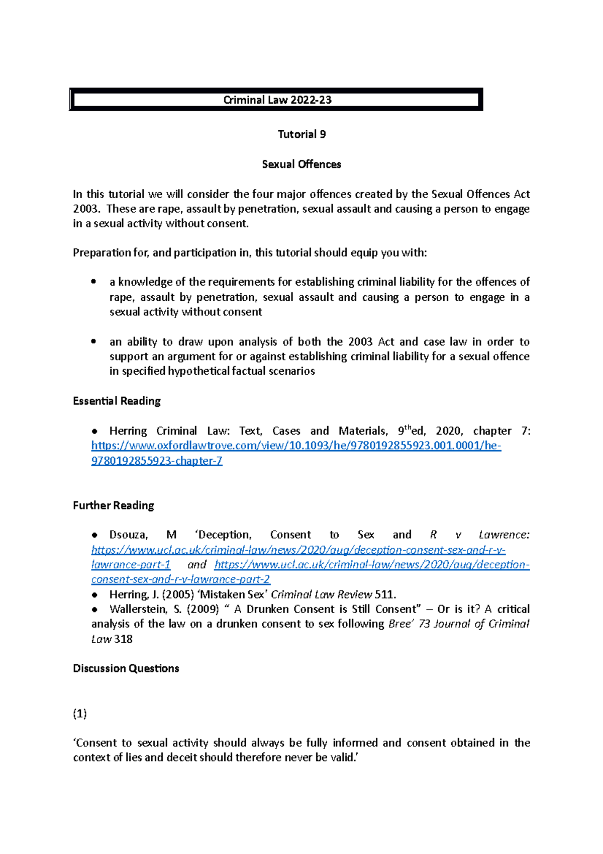 Tutorial 9 (Sexual Offences) - Criminal Law 2022- Tutorial 9 Sexual ...