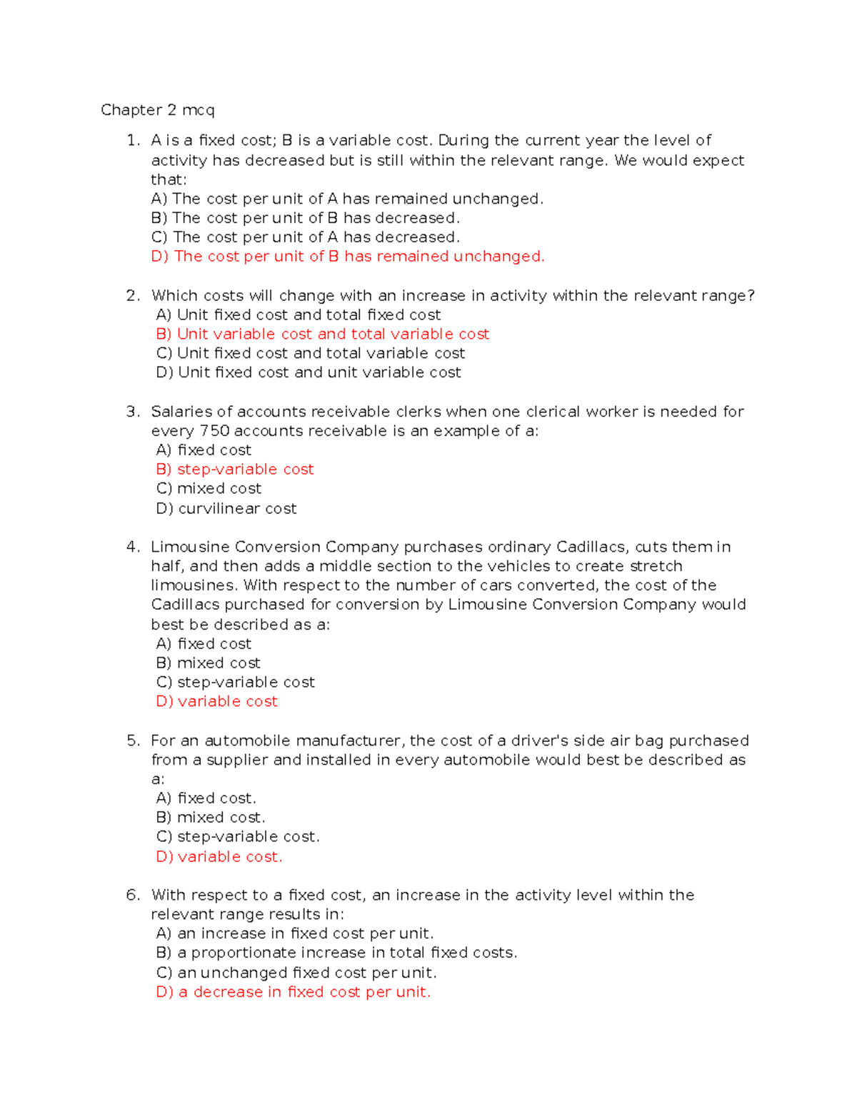 Strat Mcq Cvp Variable And Absorption Chapter 2 Mcq 1 A Is A Fixed Cost B Is A Variable