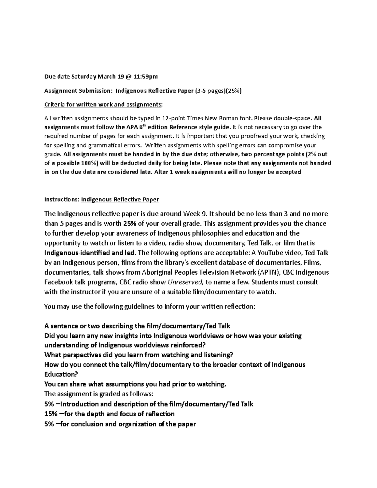 Indigenous reflective paper (3-5 pages) - Please double-space. All ...