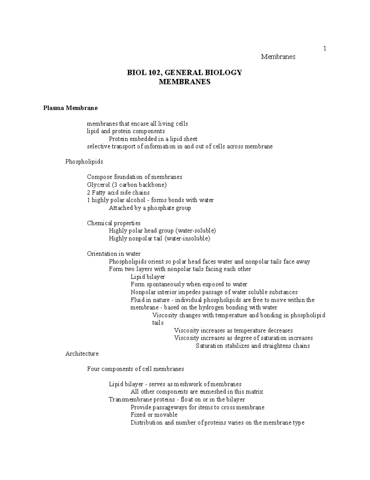 BIOL102, Lecture Notes, Cell Membranes - Membranes BIOL 102, GENERAL ...