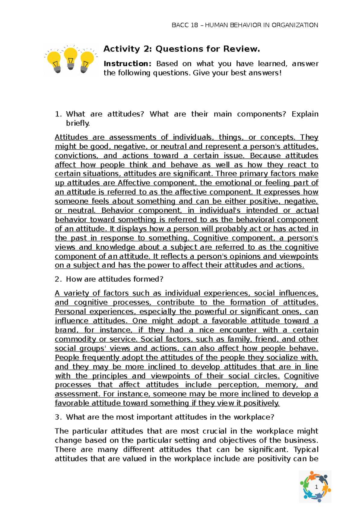 HBO Part 2 - Activity 2 - BACC 18 – HUMAN BEHAVIOR IN ORGANIZATION ...