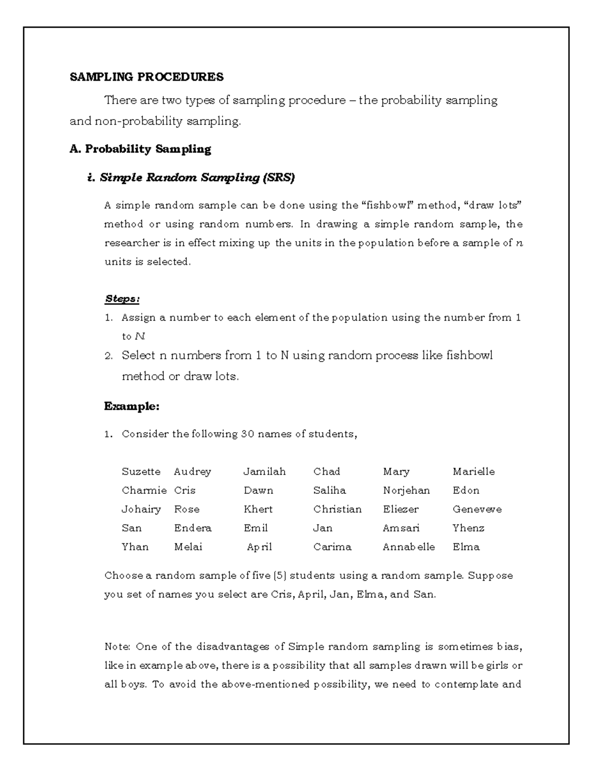 Sampling Techinques - lecture notes - SAMPLING PROCEDURES There are two ...