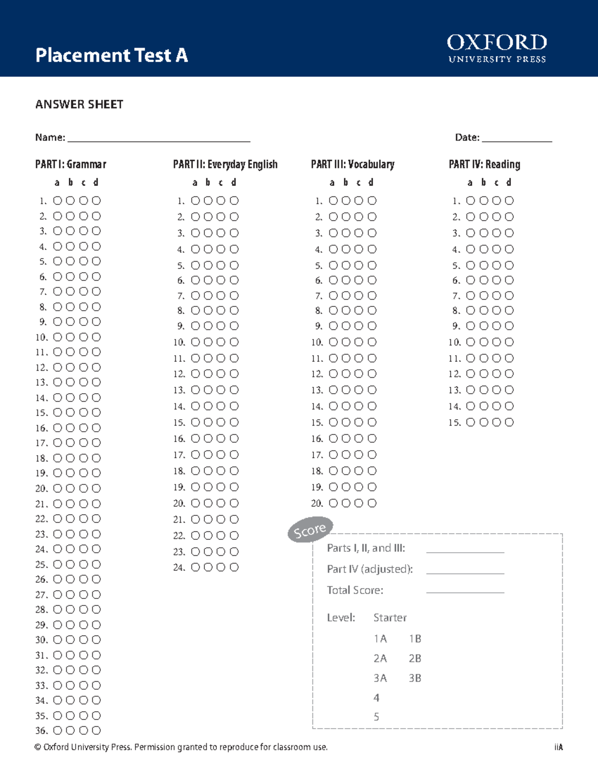 Generic Placement Test A 6 - Parts I, II, and III: Part IV (adjusted ...