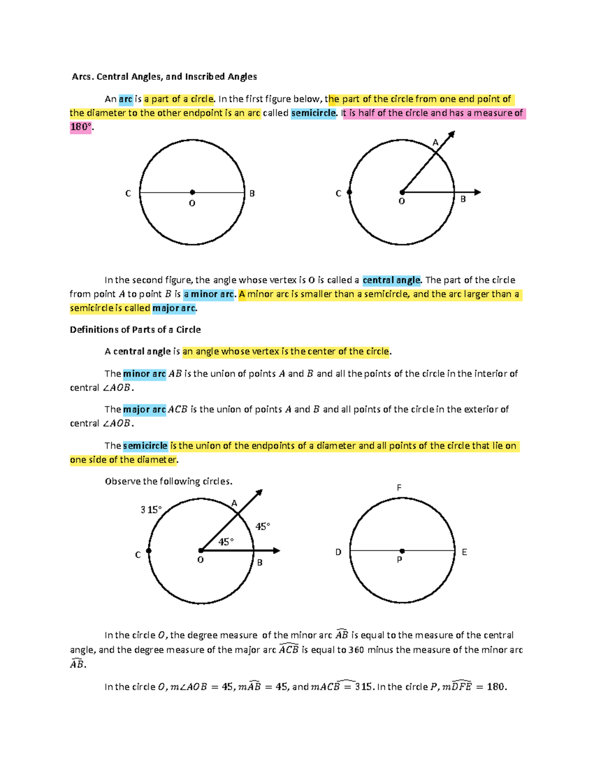 Module 3.2 Math 10 (Arcs, Central Angles, and Inscribed Angles) - Arcs ...