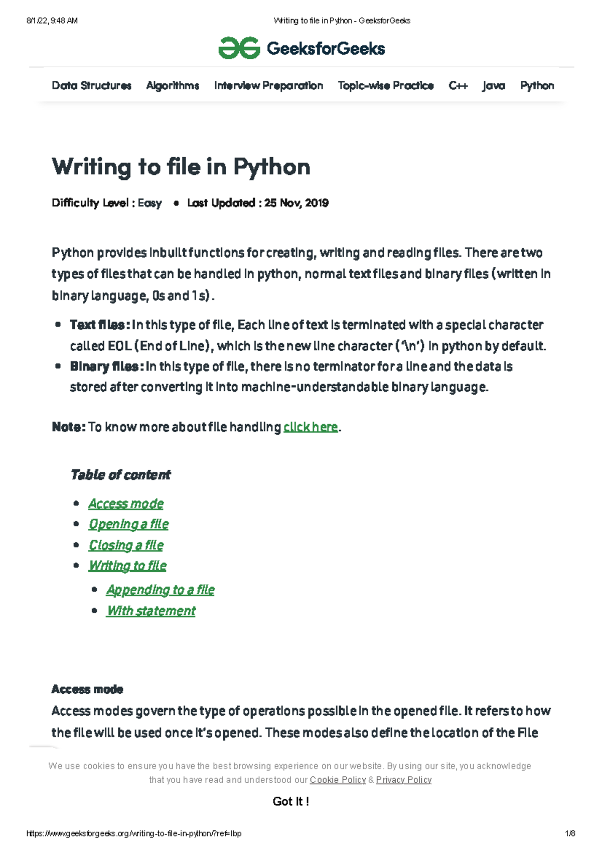 Writing to file in Python - Geeksfor Geeks - Difficulty Level : Easy ...