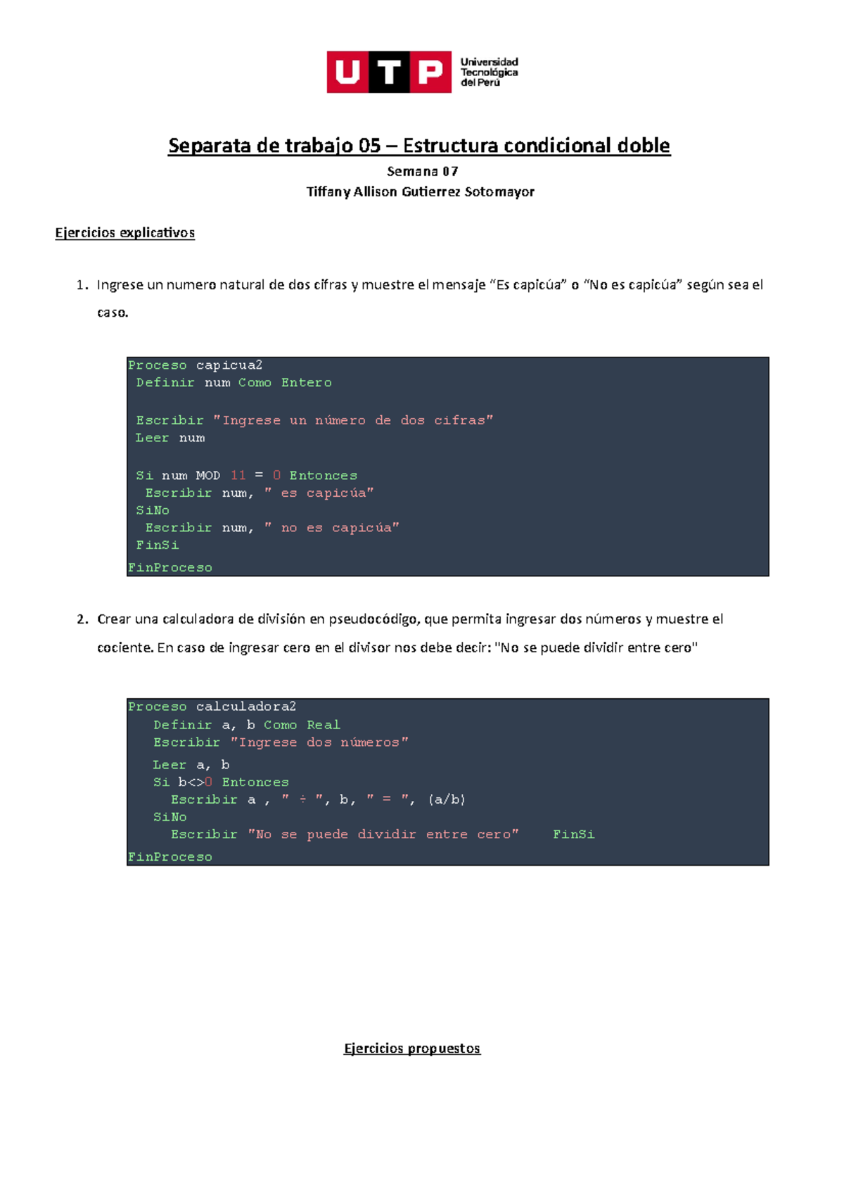 S7. tarea algoritmos - Separata de trabajo 05 – Estructura condicional doble Semana 07 Tiffany ...