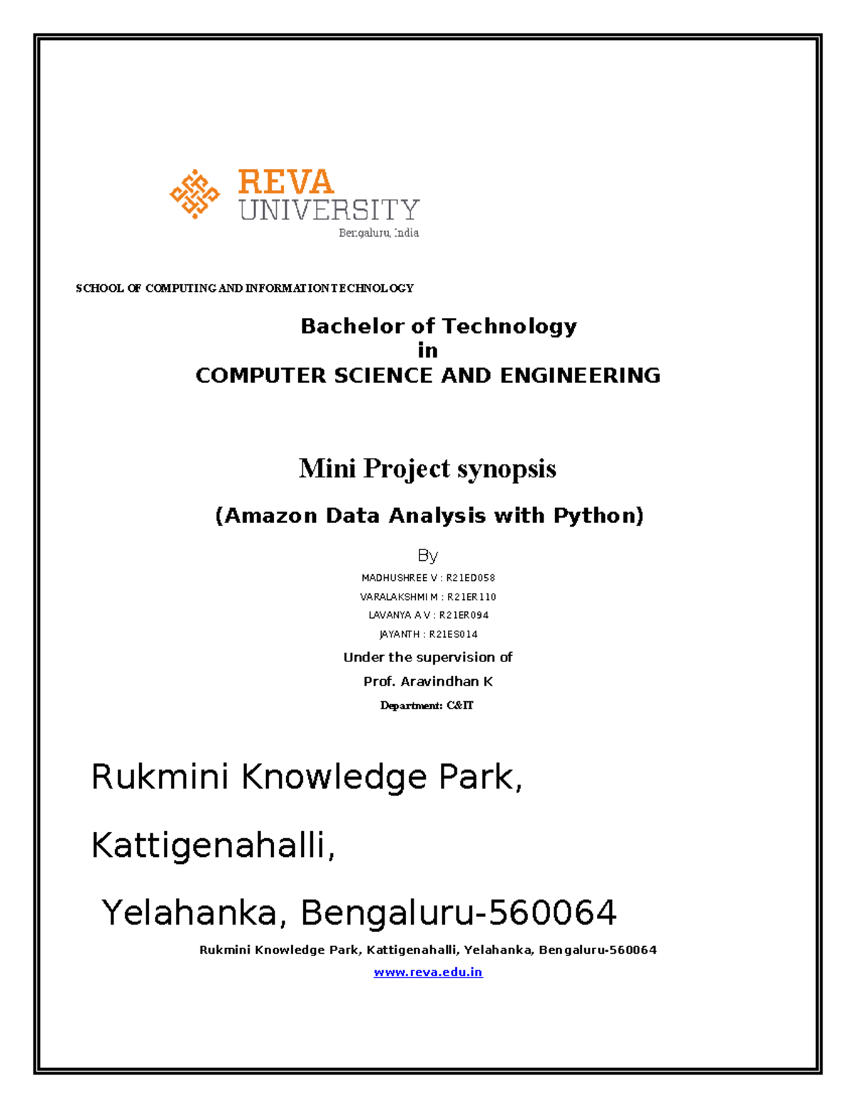 Synopsis amazon data analysis mini project - Bachelor of Technology in COMPUTER SCIENCE AND ...