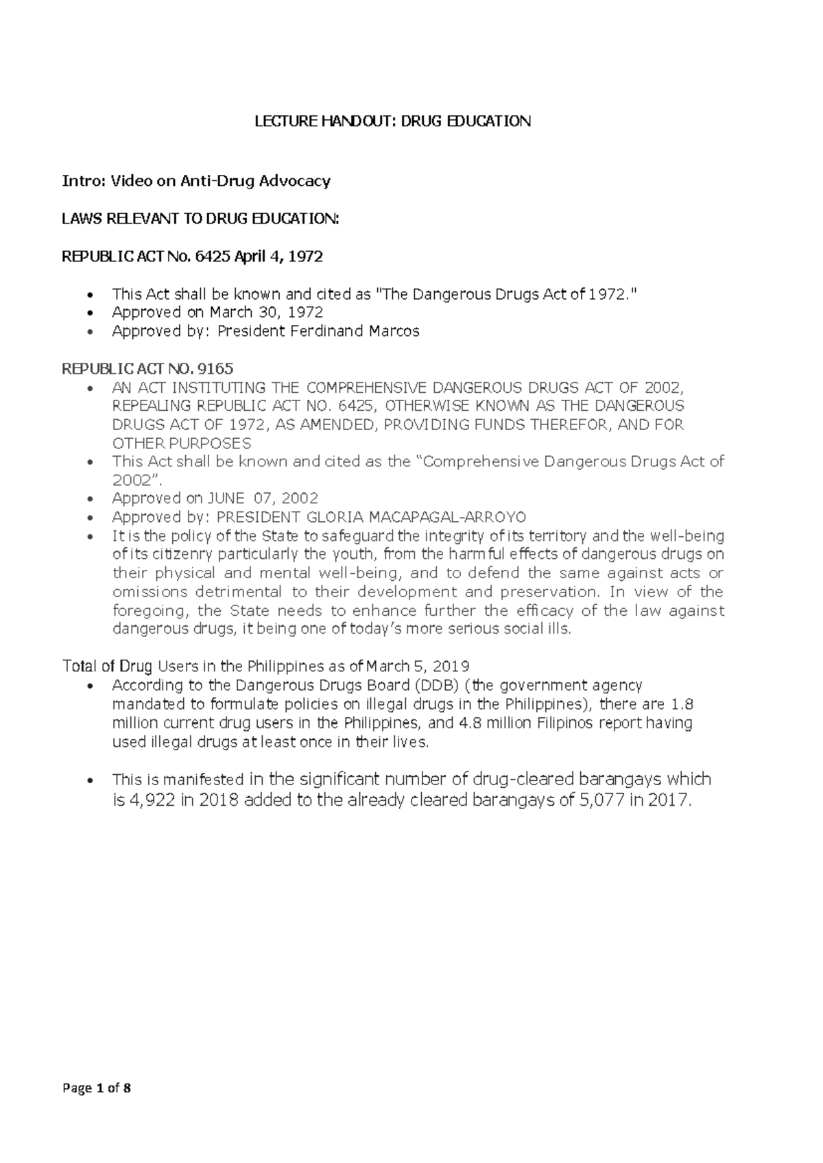 Drug Education - LECTURE HANDOUT: DRUG EDUCATION Intro: Video on Anti ...