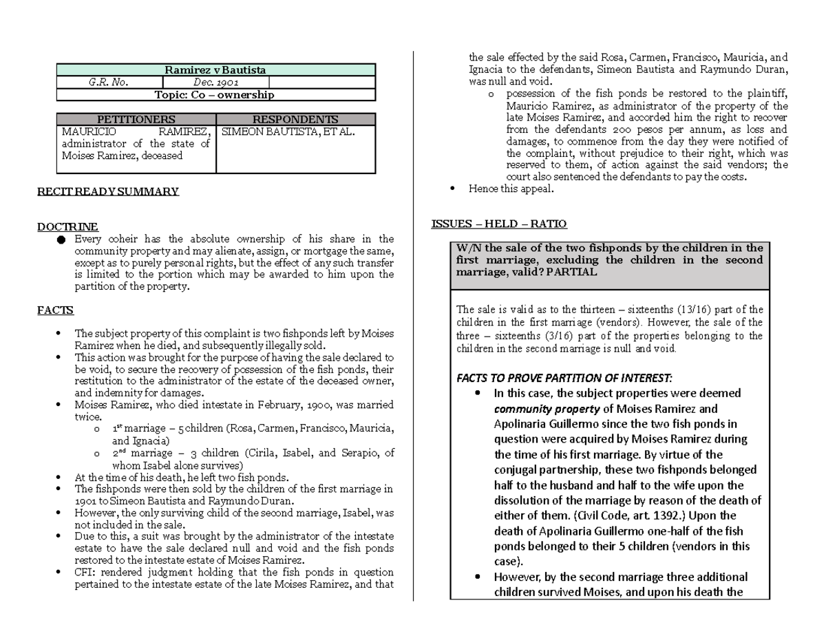 Ramirez v Bautista - digest - Ramirez v Bautista G. No. Dec. 1901 Topic ...
