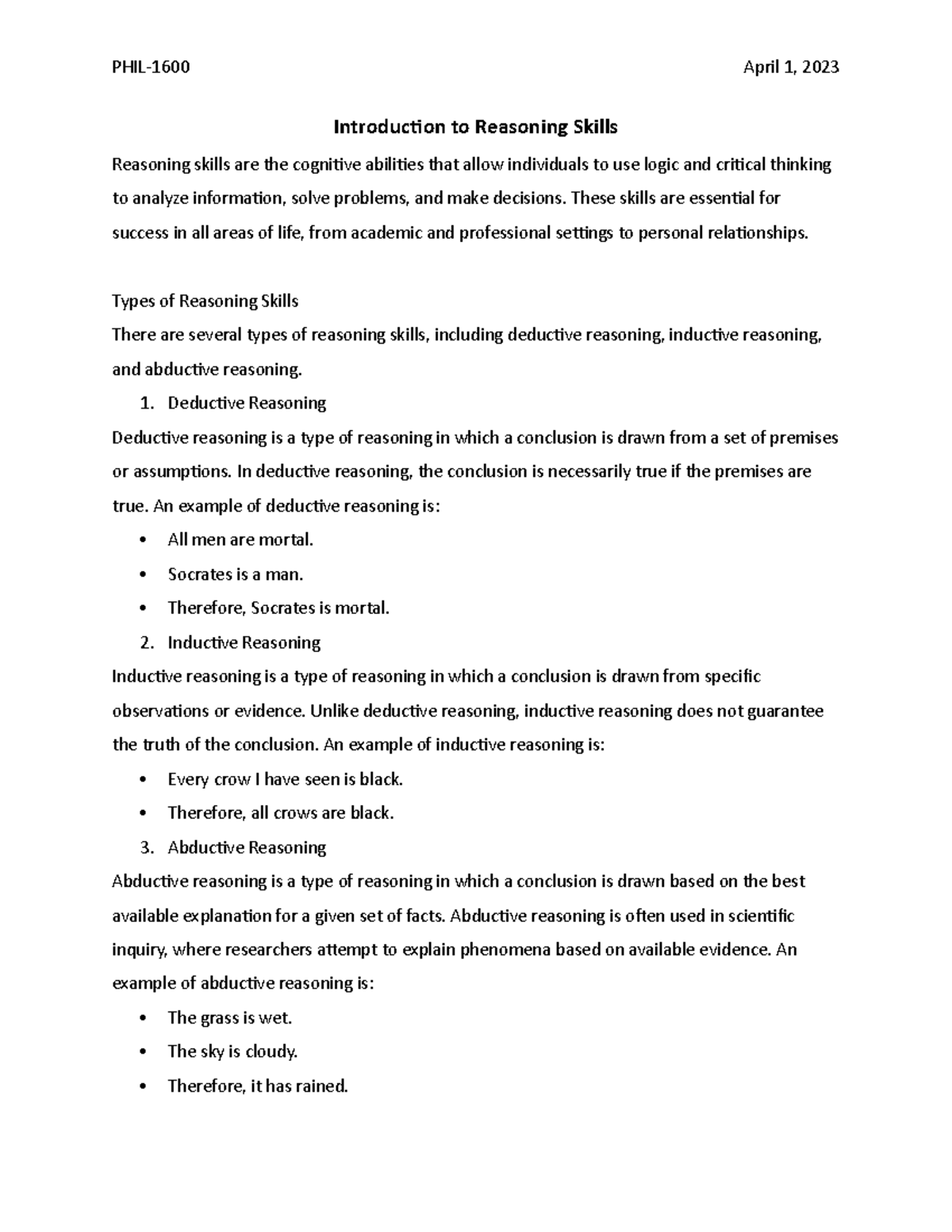 Introduction to Reasoning Skills - PHIL-1600 April 1, 2023 Introduction ...