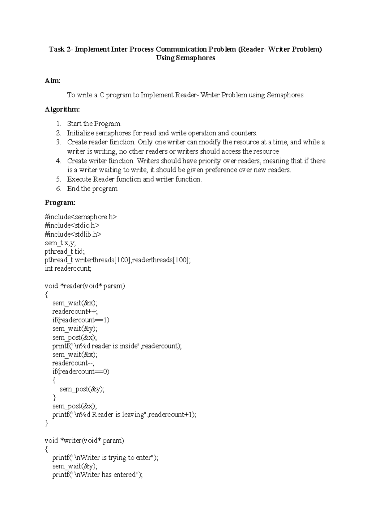 TASK 2 - os lab - Task 2- Implement Inter Process Communication Problem (Reader- Writer Problem ...