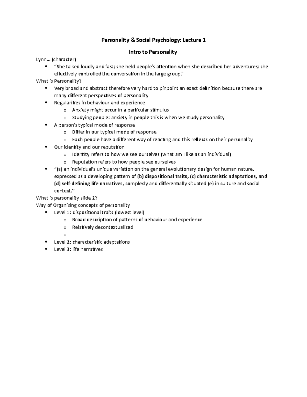 Personality & Social Psychology Lecture 2 Intro to Personality ...