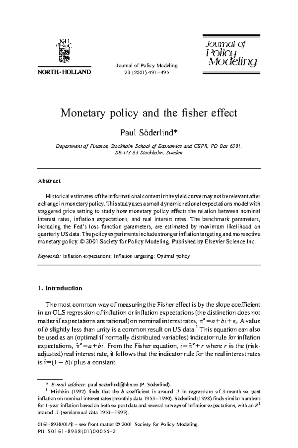 10 - Monetary policy and the fisher effect Paul So ̈derlind* Department ...