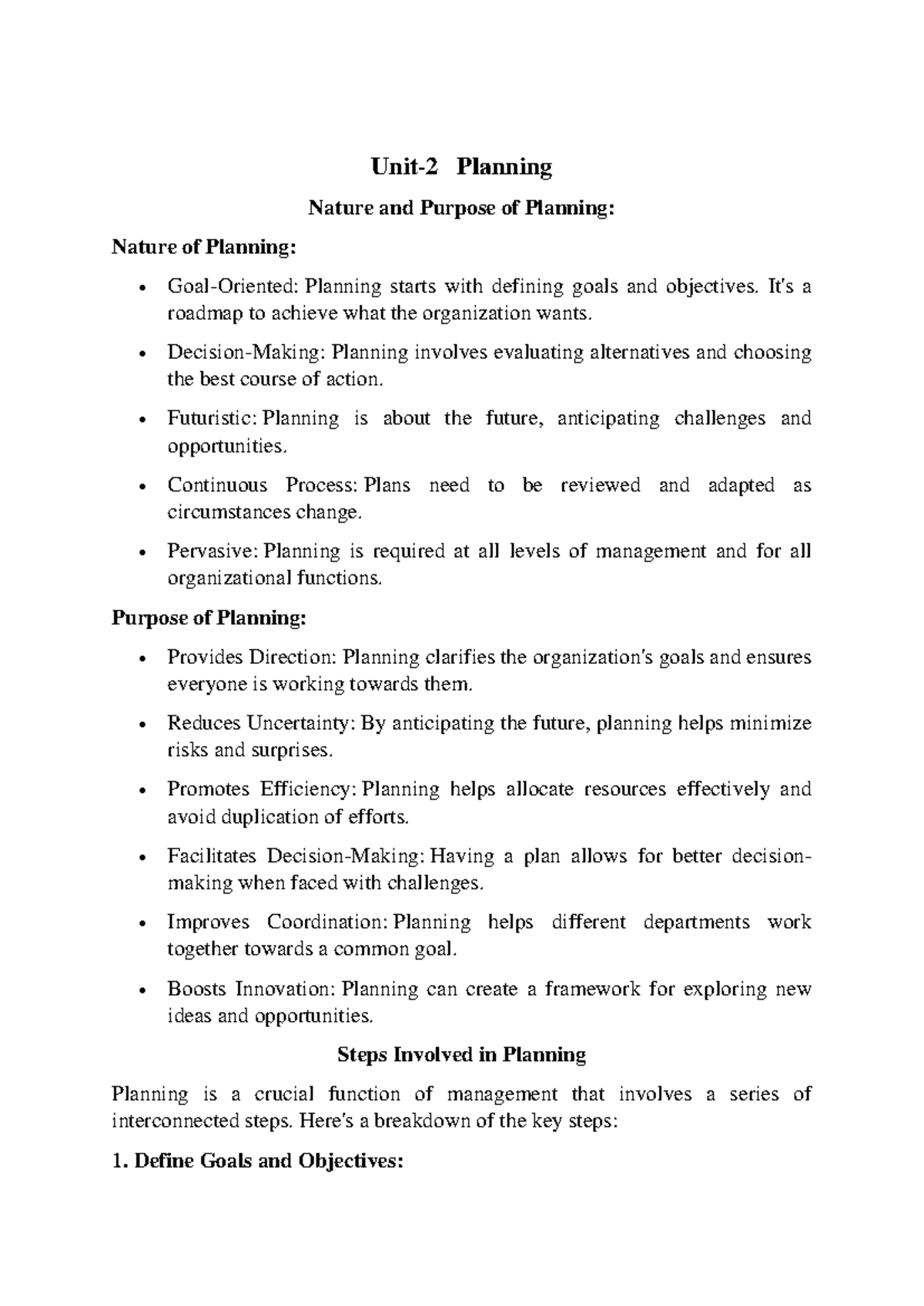 Unit-2 notes - Unit- 2 Planning Nature and Purpose of Planning: Nature ...