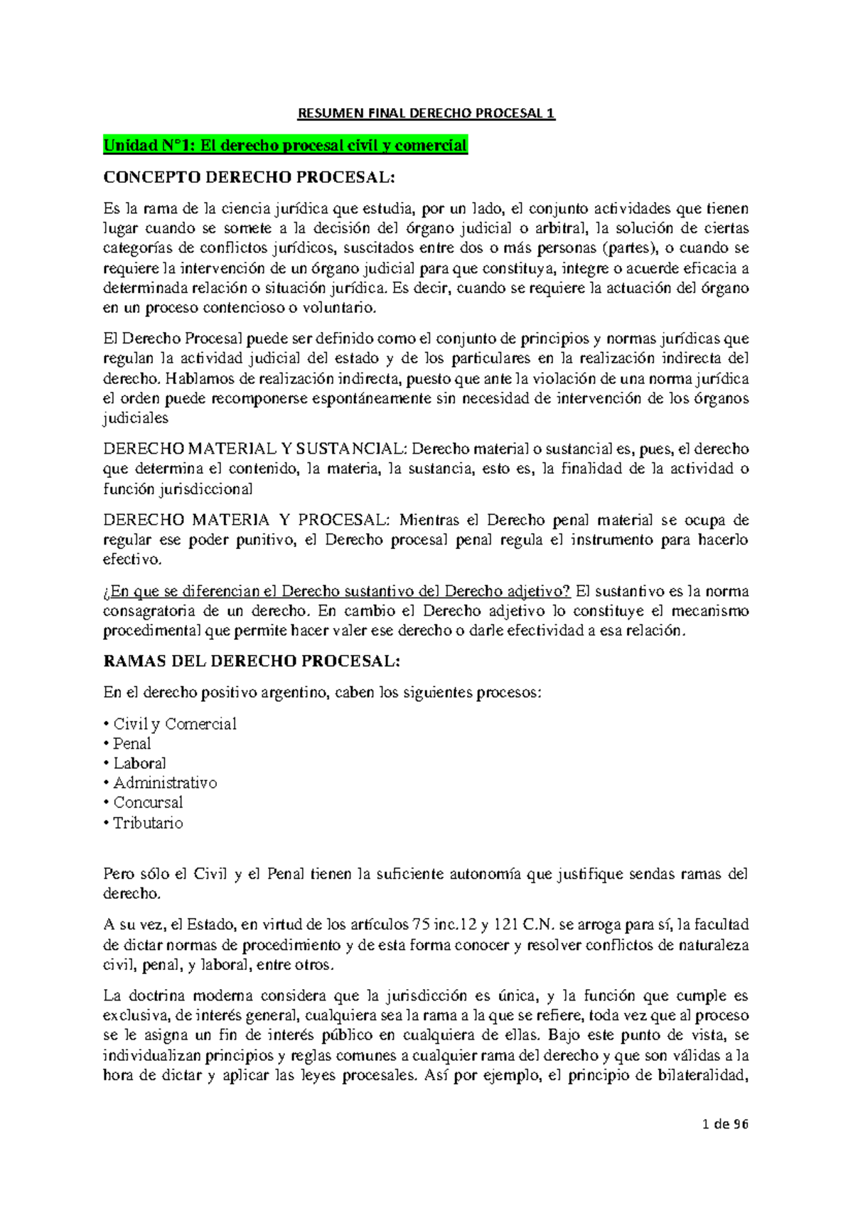 Resumen Final Derecho Procesal 1 - RESUMEN FINAL DERECHO PROCESAL 1 Unidad N°1: El derecho ...