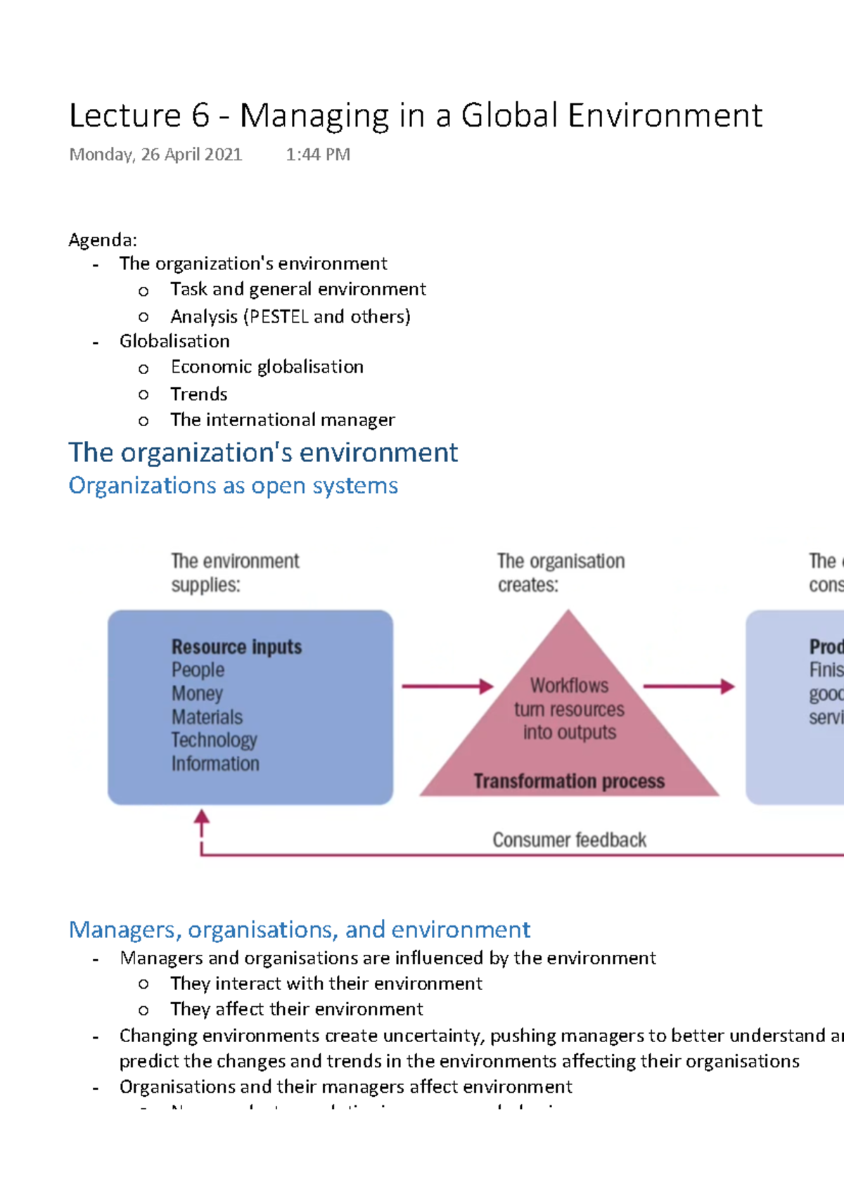 Lecture 6 - Managing in a Global Environment - Agenda: The organization ...