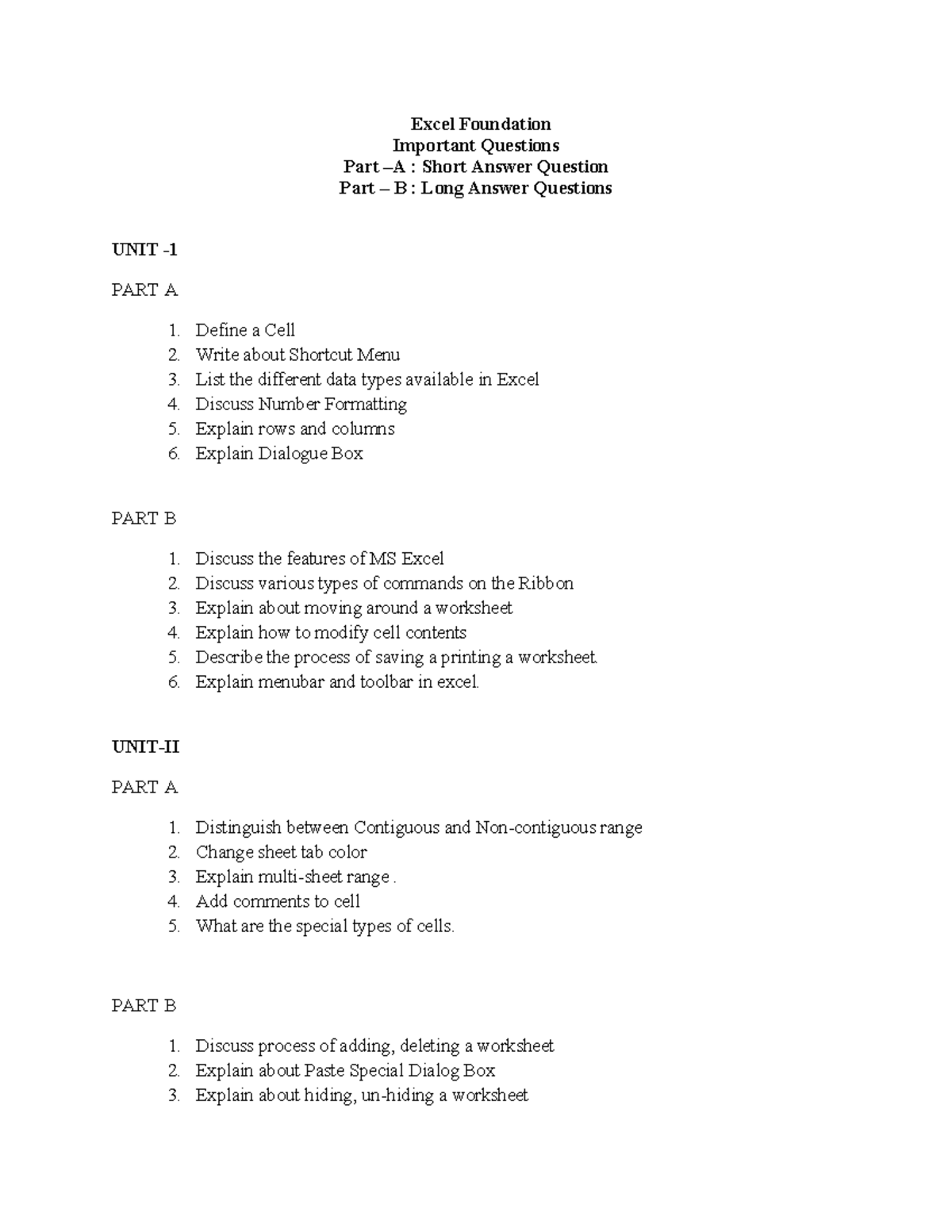 Excel Imp questions - To learn - Excel Foundation Important Questions ...