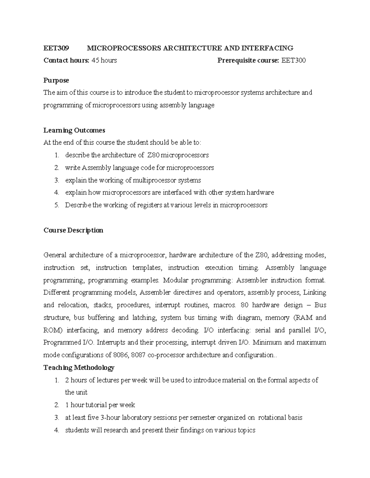 1 EET309 Microprocessors Architecture AND Interfacing (1) - EET309 MICROPROCESSORS ARCHITECTURE ...