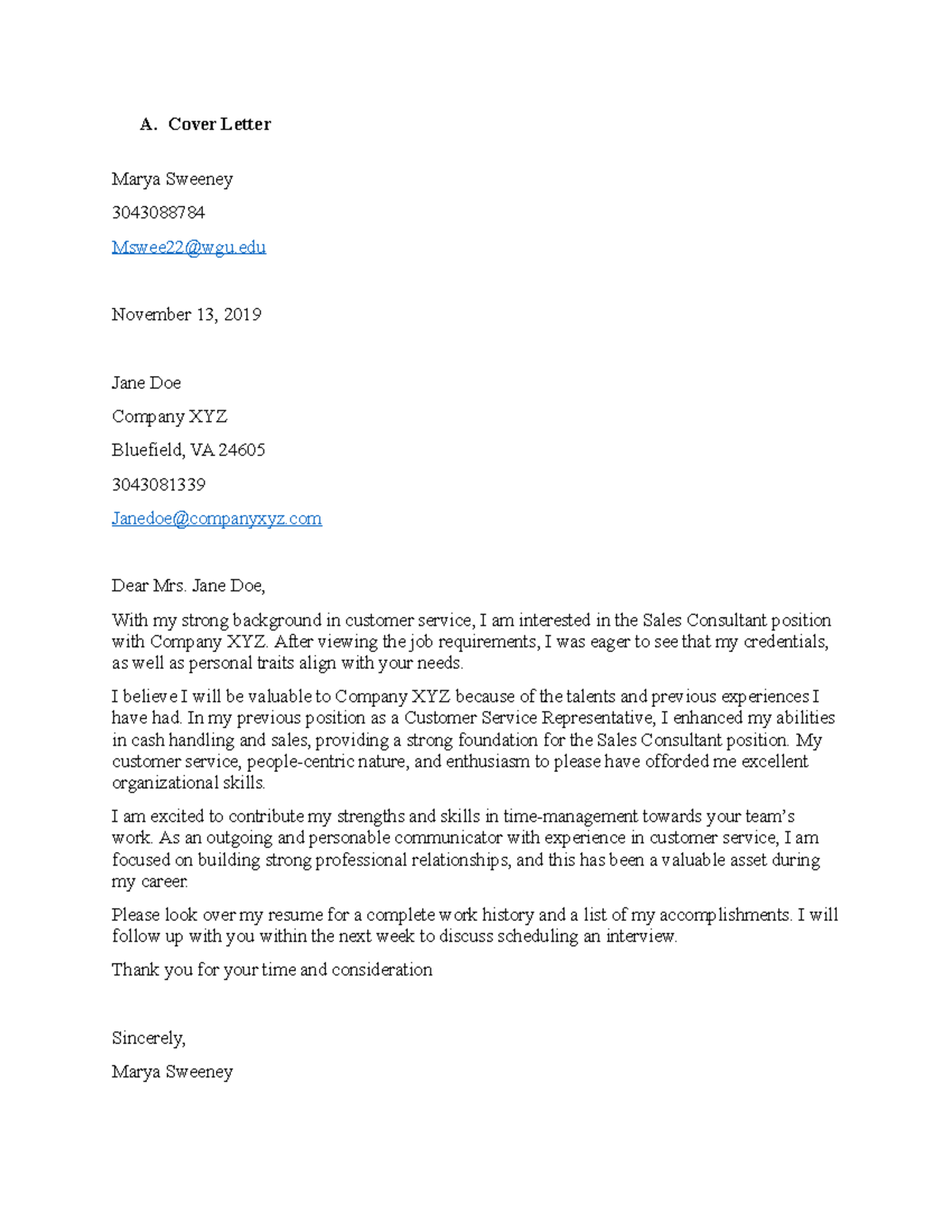 Business communications task 1 - A. Cover Letter Marya Sweeney ...