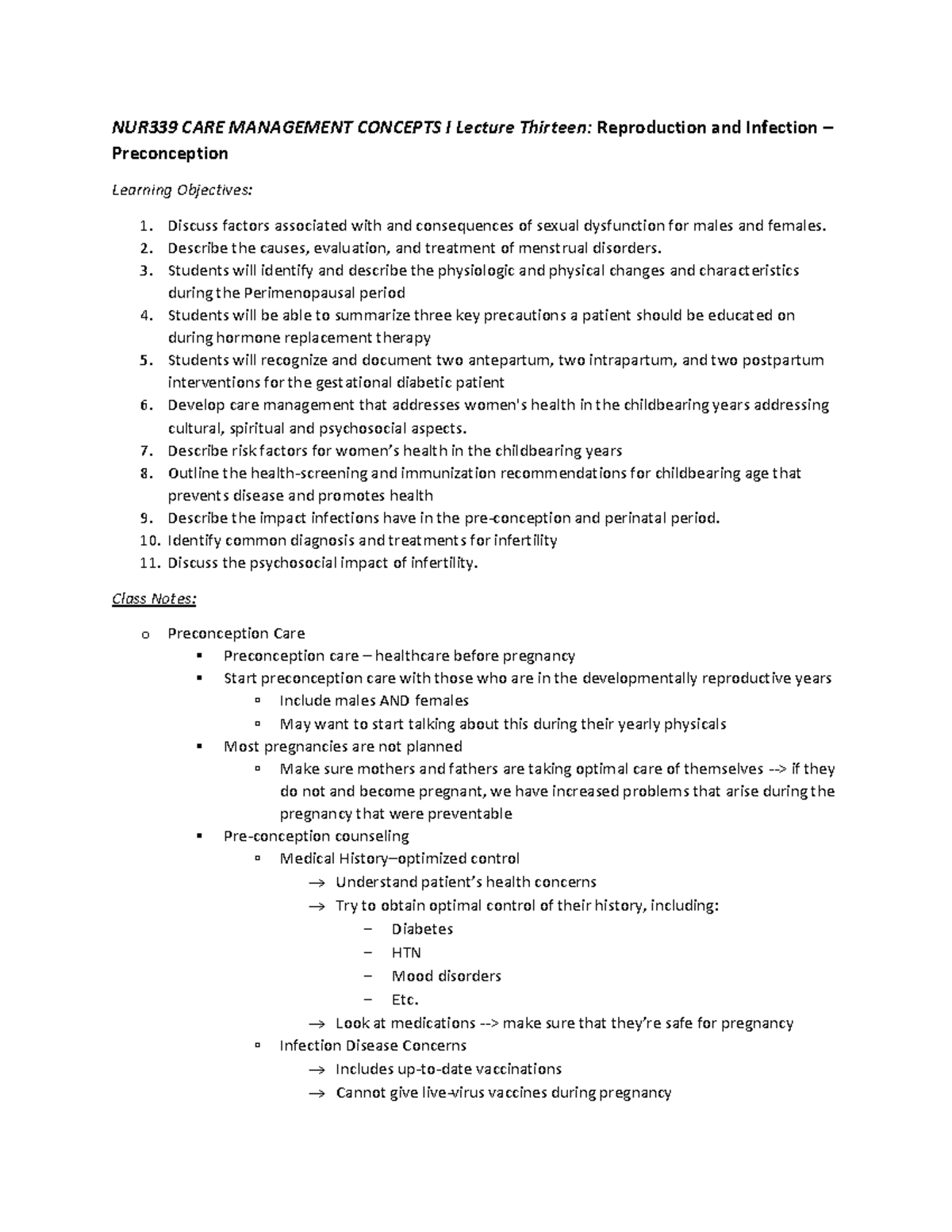 NUR 339 Lecture 13 (Reproduction and Infection – Preconception ...