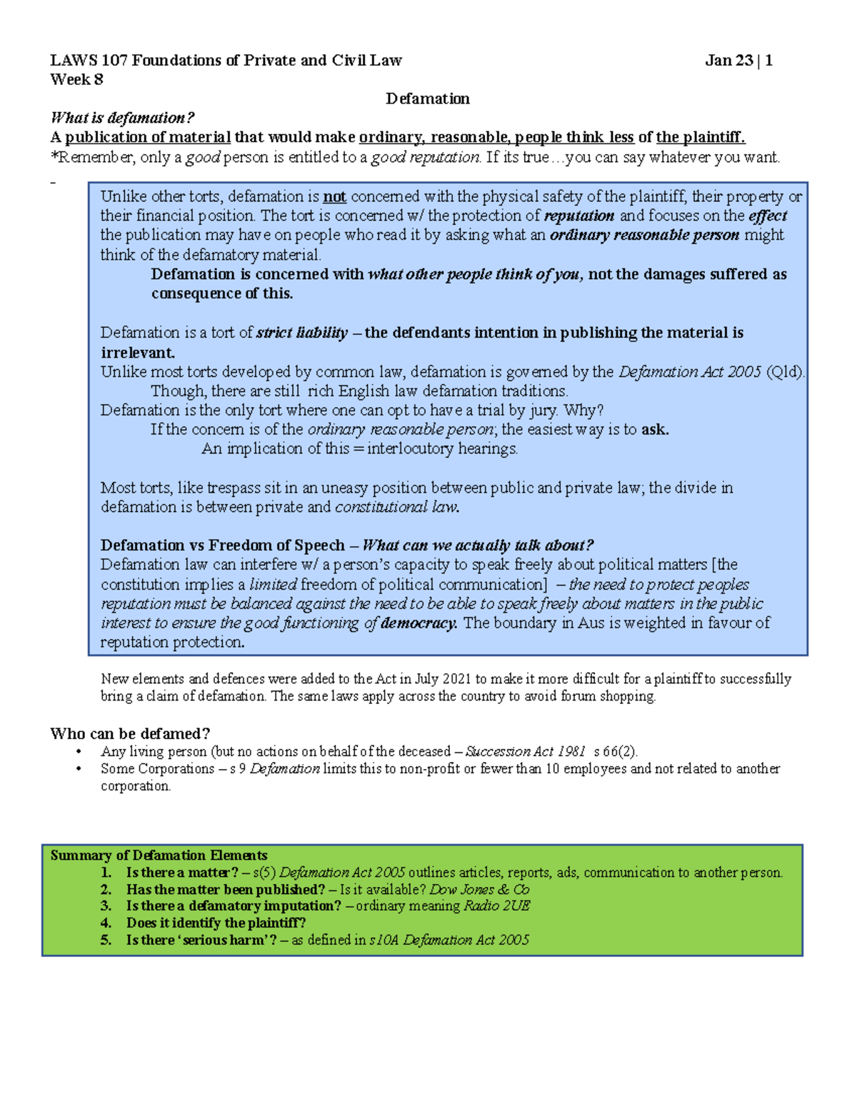 107 Private Law Defamation Week 8 - Week 8 Defamation What is defamation? A publication of ...