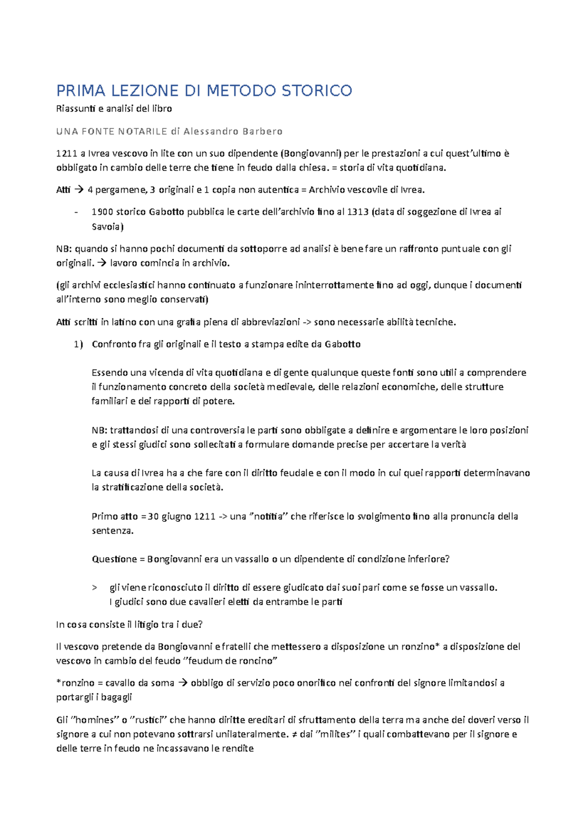 Prima Lezione DI Metodo Storico - PRIMA LEZIONE DI METODO STORICO Riassunti e analisi del libro ...