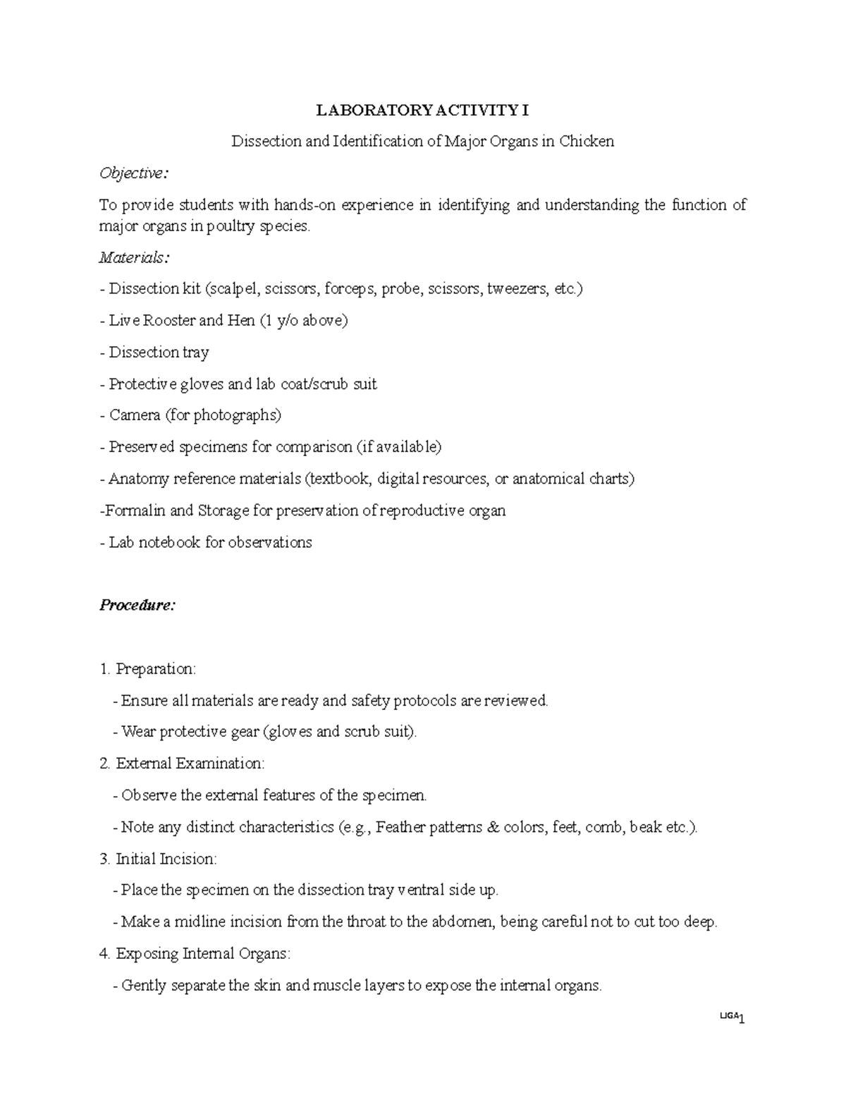 Laboratory Activity I. Anatomy AND Physiology - LJGA 1 LABORATORY ...