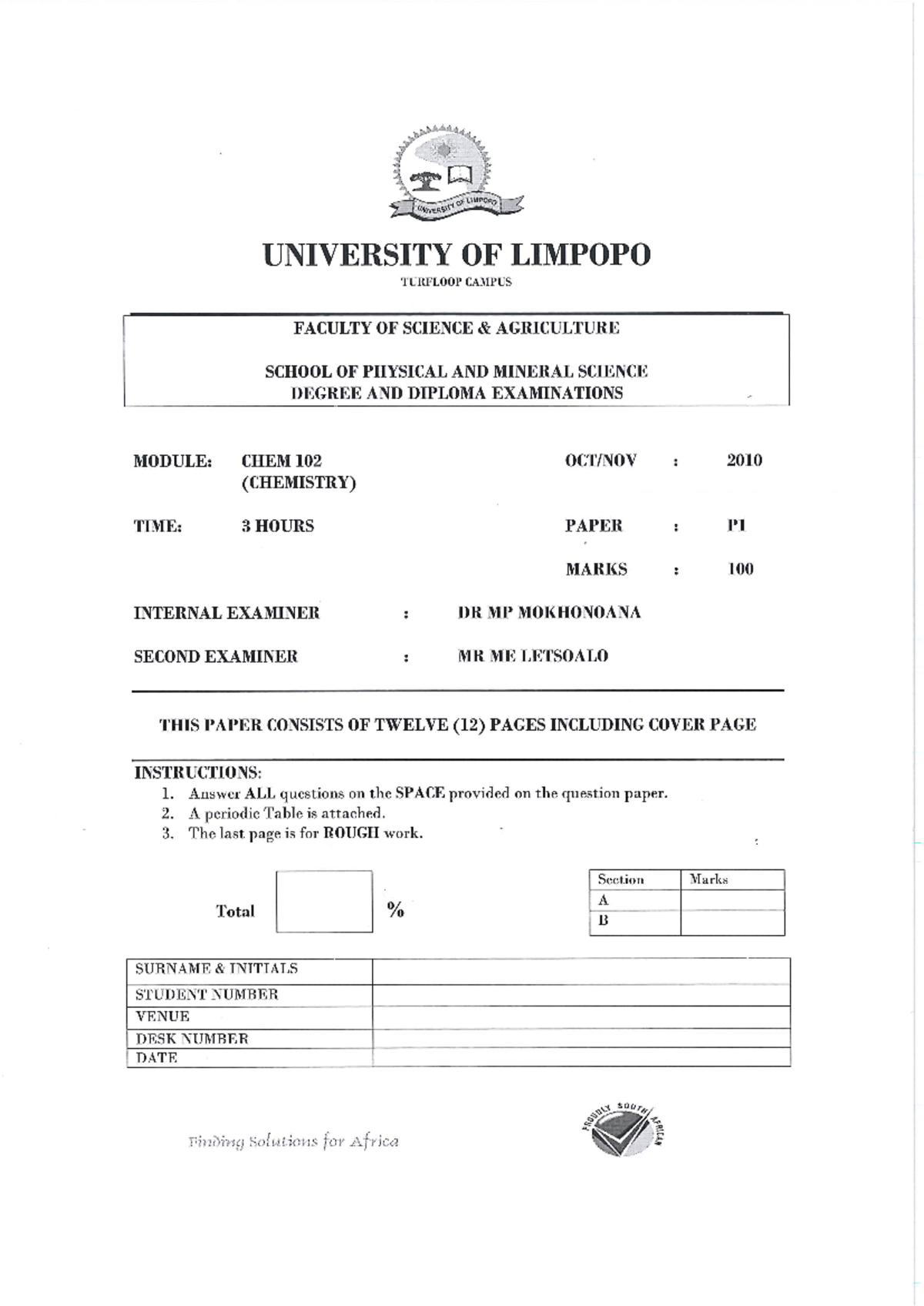 SCHM012 EXAM Archive 1 - PRACTICE - MADAMA E STATE UNIVERSITY OF ...