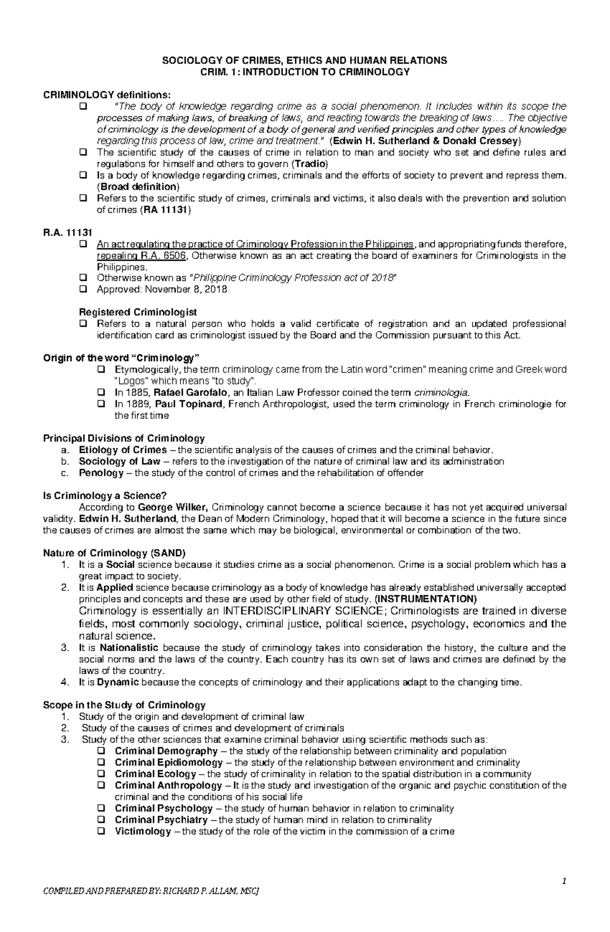 Notes-on-Intro - Notes - 1 SOCIOLOGY OF CRIMES, ETHICS AND HUMAN ...