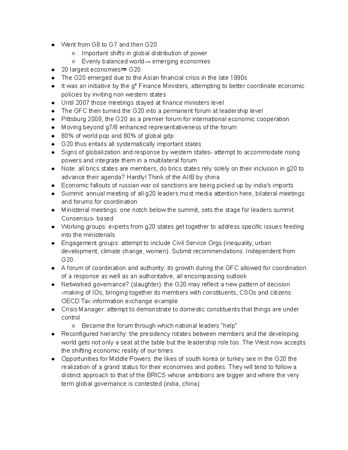 G20 - Notes on the International Organization the G20 - Went from G8 to ...