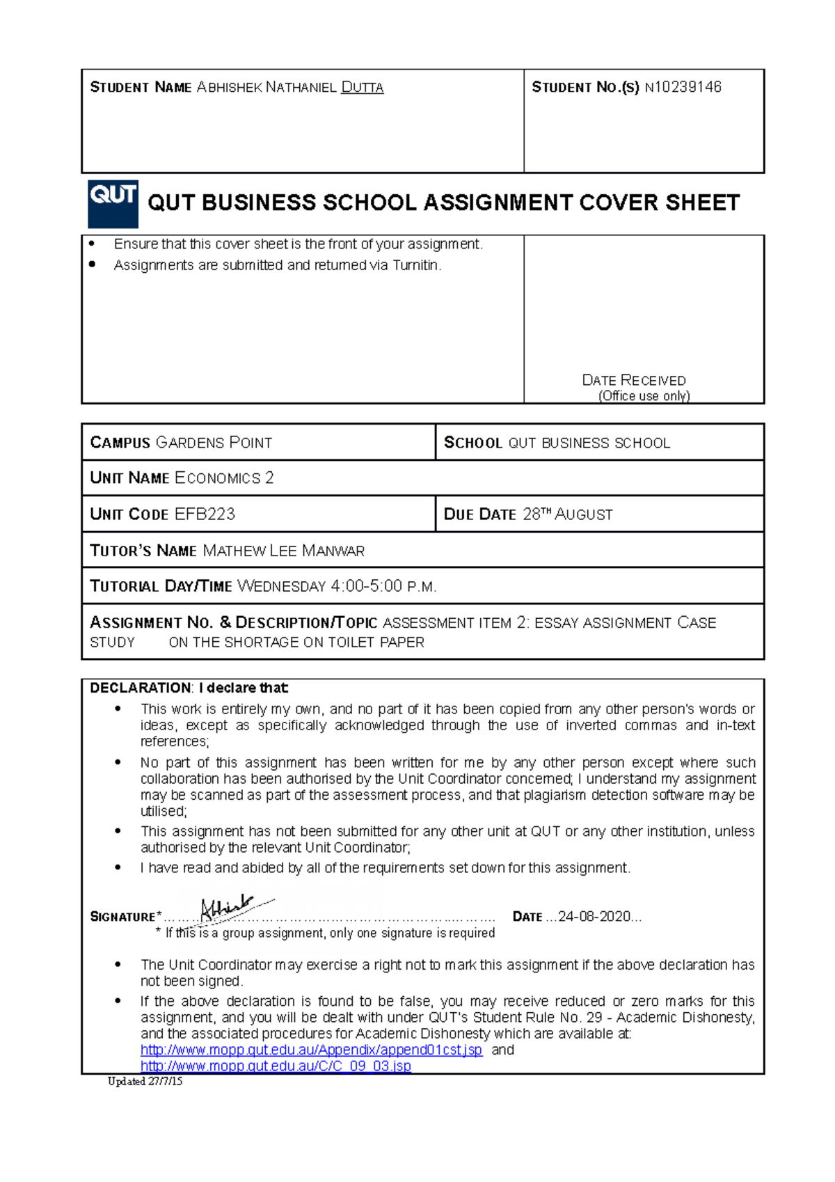 Efb 223 a2 - assignment - STUDENT NAME ABHISHEK NATHANIEL D UTTA ...