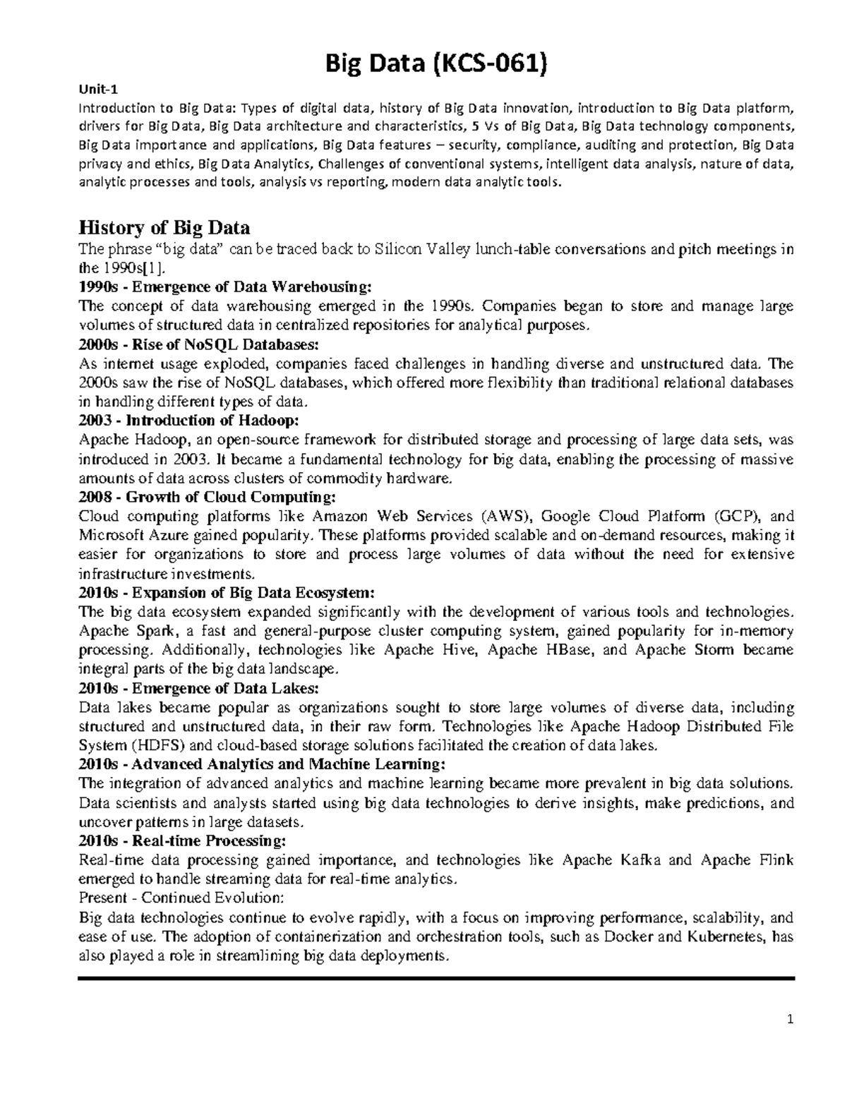 Unit 1 - Big Data (KCS-061) Unit- 1 Introduction to Big Data: Types of ...