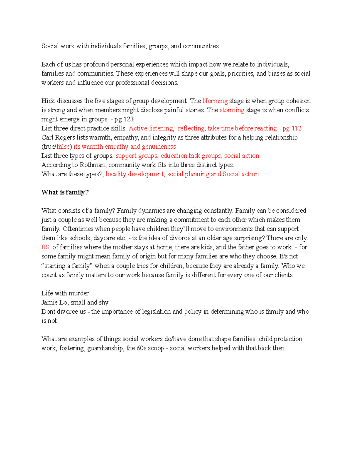 SOWK Feb 6 - Lecture notes - Social work with individuals families ...