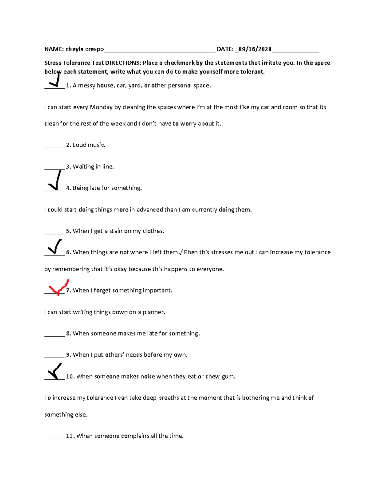 Stress Tolerance Worksheet - NAME: cheyla crespo ...