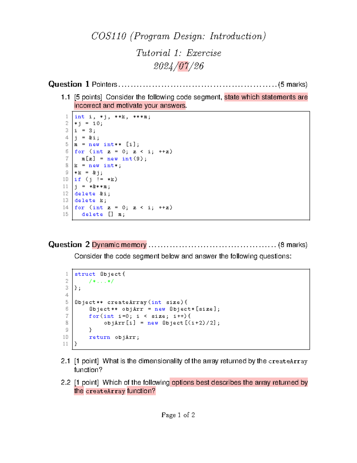 COS110 tut1 exercise 2024 - COS110 (Program Design: Introduction) Tutorial 1: Exercise 2024/07 ...