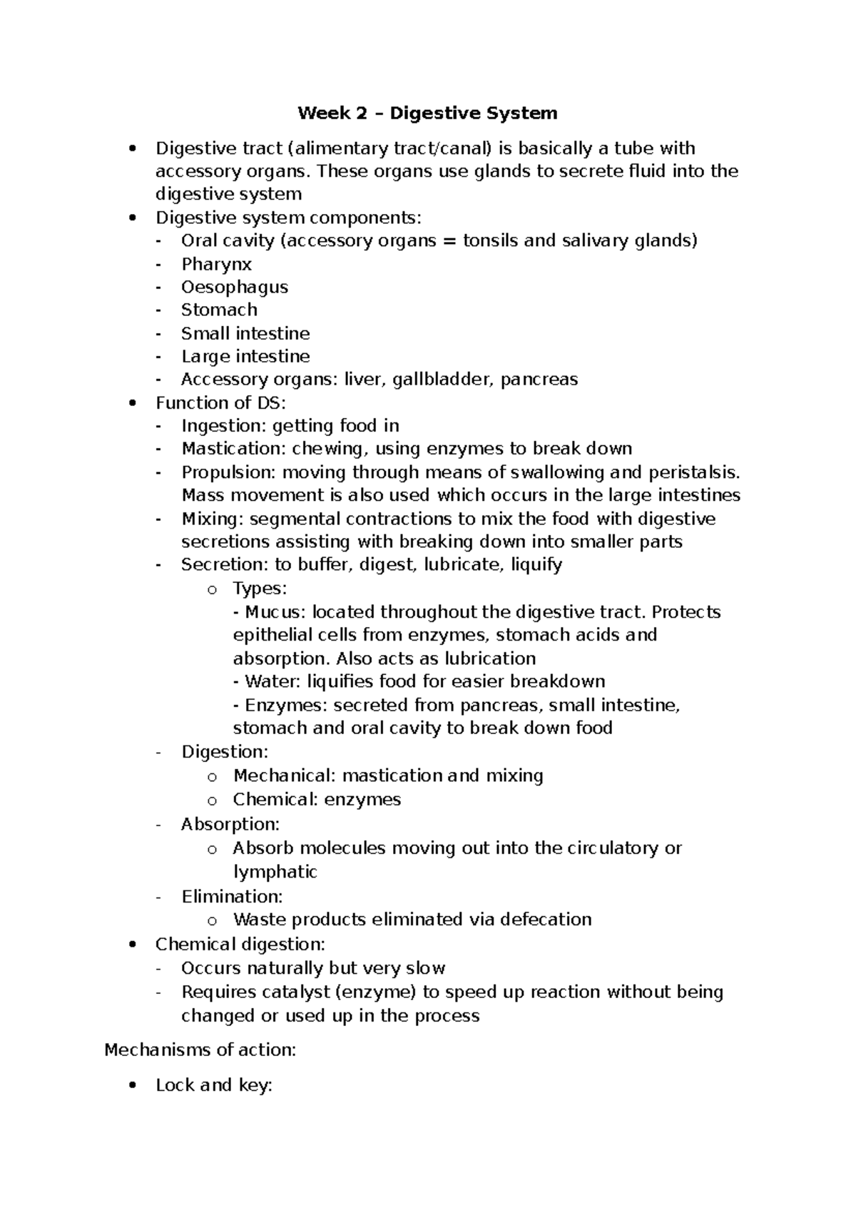 Week 2 - Week 2 Digestive System - Week 2 – Digestive System Digestive tract (alimentary - Studocu